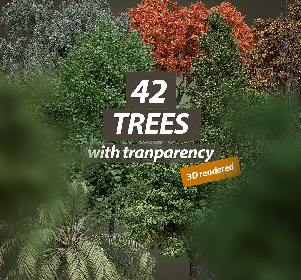 42 Trees with transparency (3D rendered)