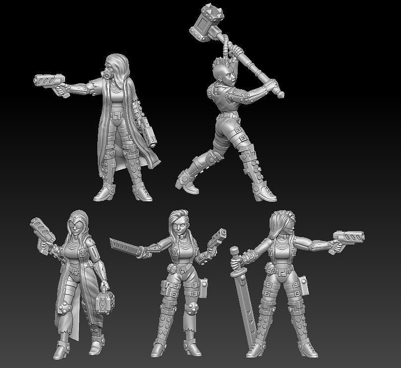 Cyberpunk girls gang 3d printable miniatures set