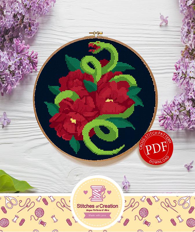 Green Viper in Flowers | Digital Download | Round Cross Stitch Pattern