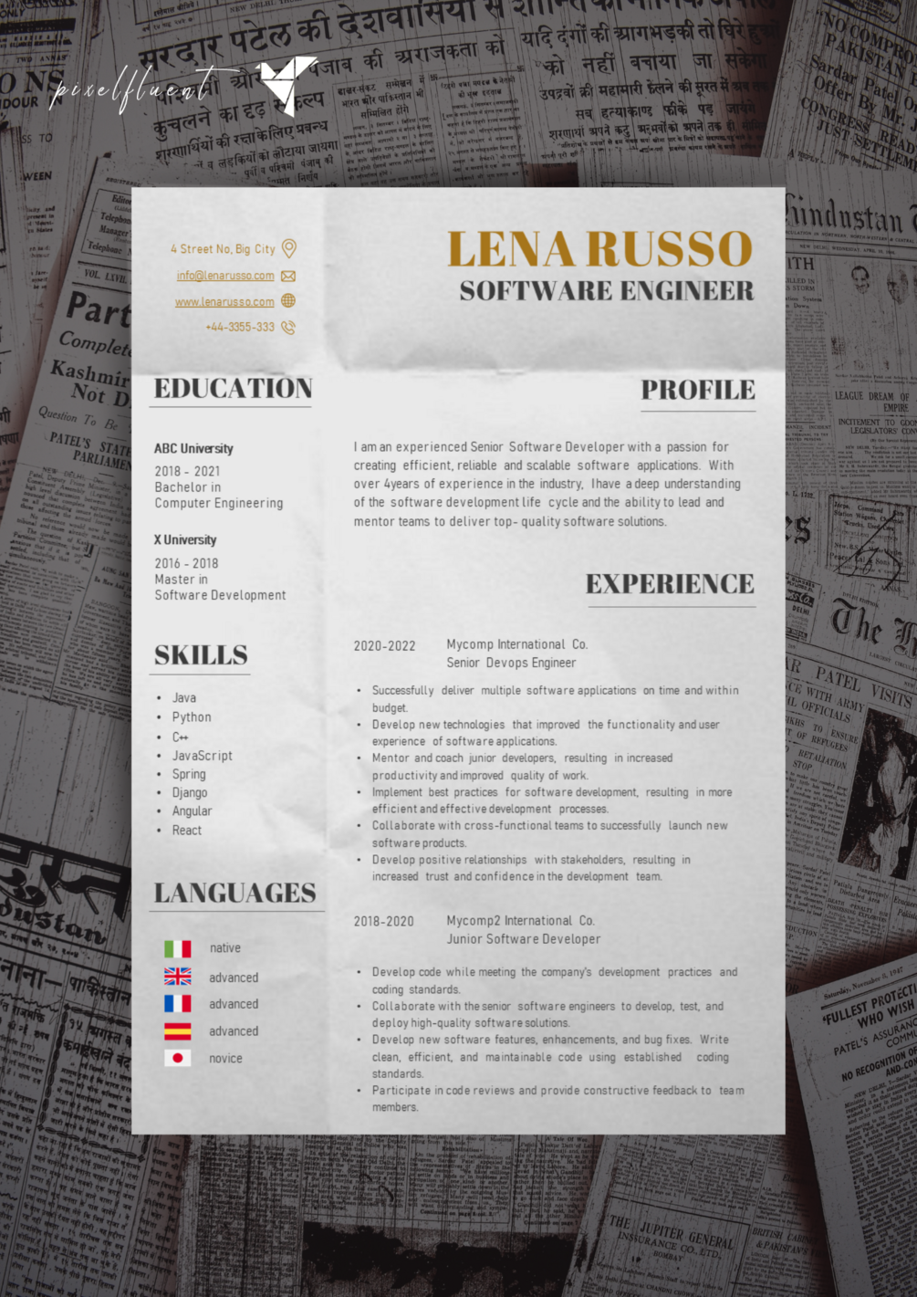Newspaper style Senior Software Engineer one-page CV template