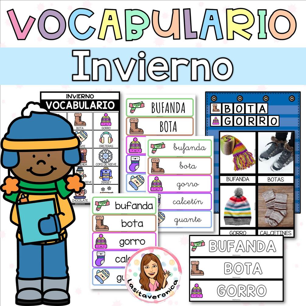 Vocabulario invierno. Winter vocabulary. Write the Room. January. Spanish.