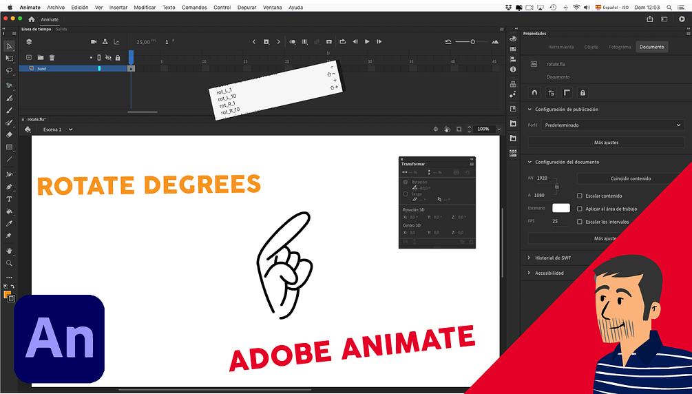 Rotate degrees +1 & +10 Adobe Animate