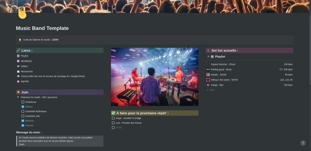 Music Band Template for Notion (Version Française)