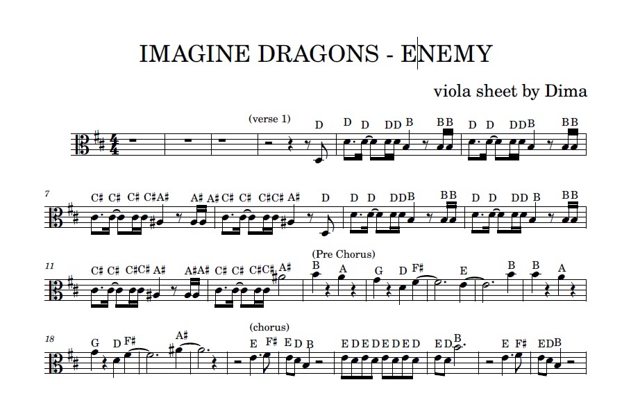 IMAGINE DRAGONS - ENEMY (Viola Sheet)