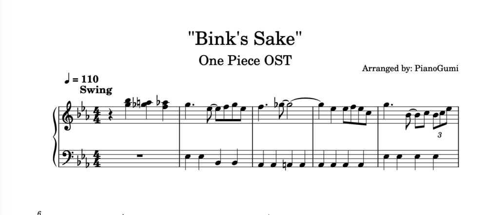 One Piece OST - "Bink's Sake" - Piano Sheet Music