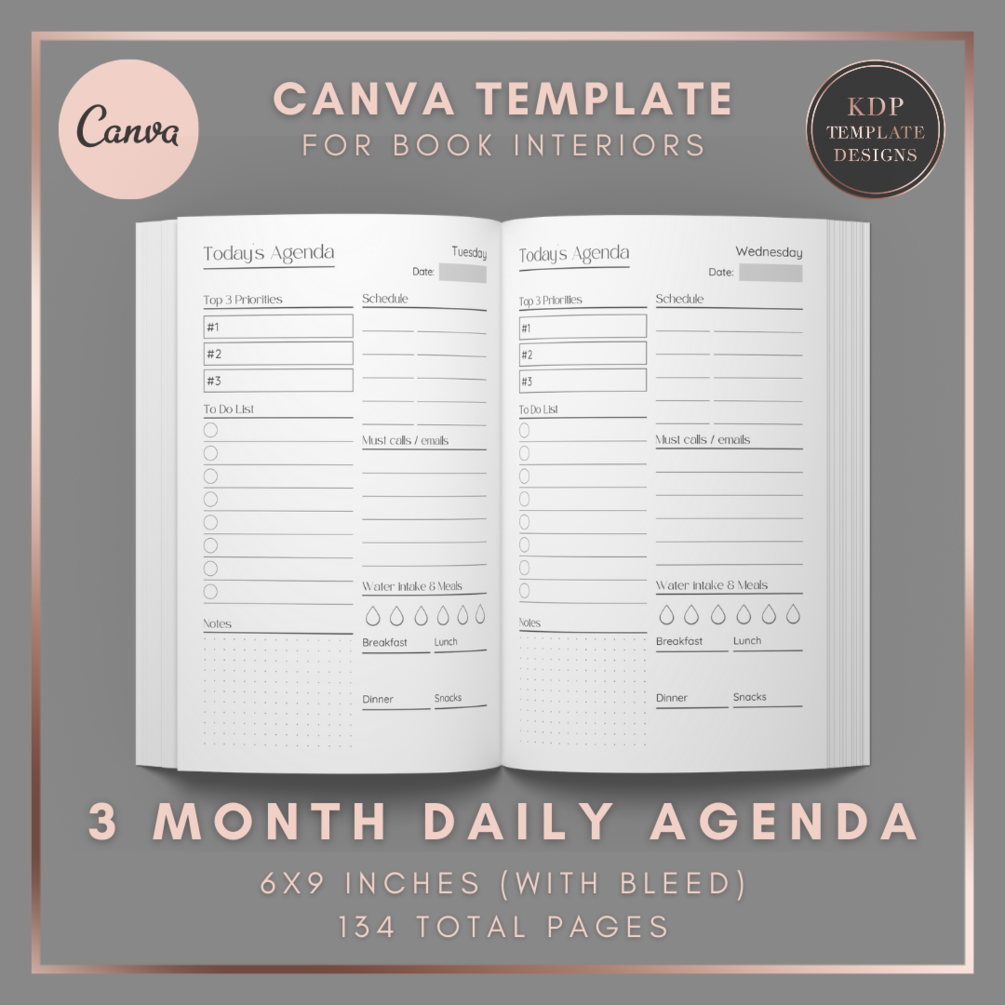 3 Month Daily Agenda • 6x9 • Canva template • KDP template