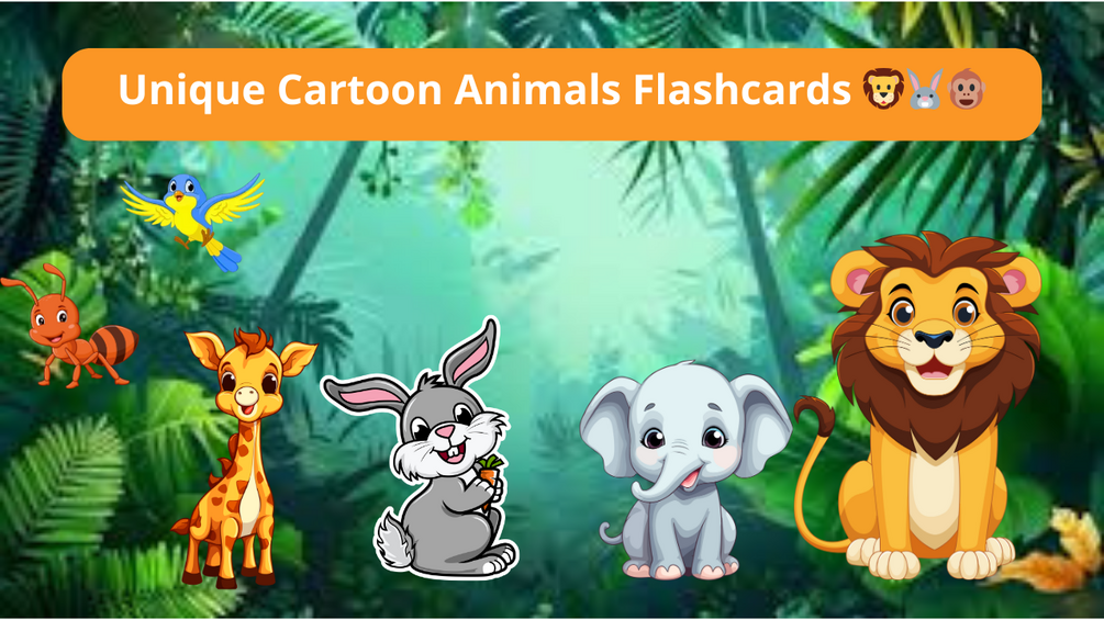 Unique Cartoon Animals Flashcards 🦁🐰🐵