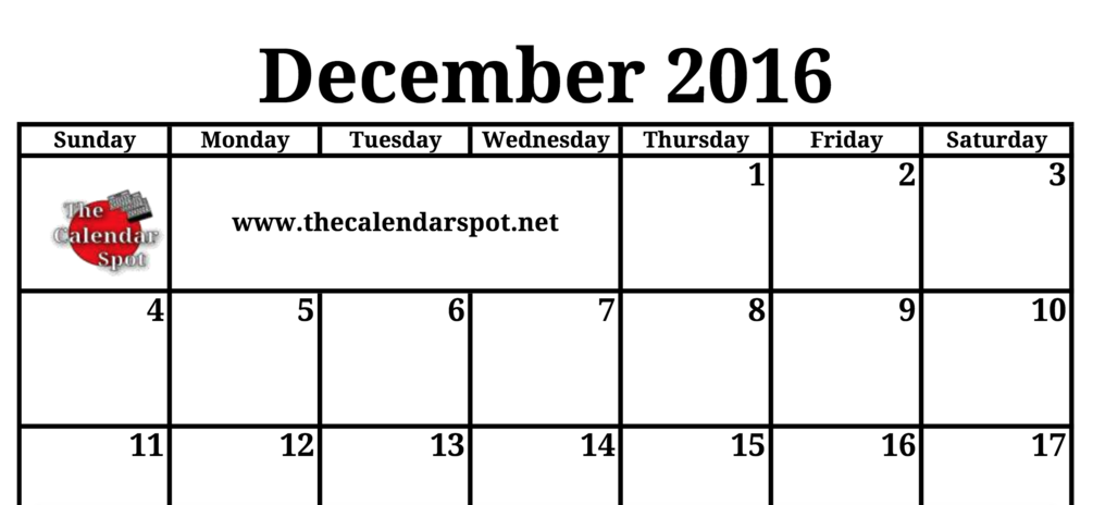 Printable Blank PDF December 2016 Calendar