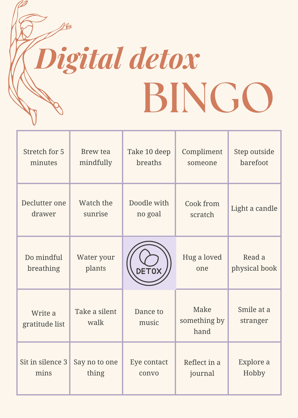Digital Detox Bingo – Editable Canva Template (Wellness Printable)