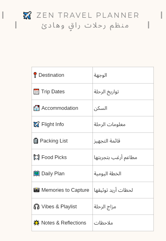 Zen Travel Planner | منظم رحلات راقٍ وهادئ