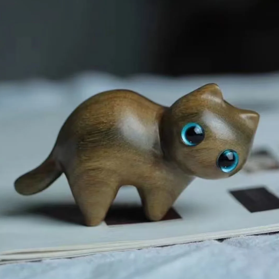 Handmade wood carved Art miniature animals black brown wooden cats ...