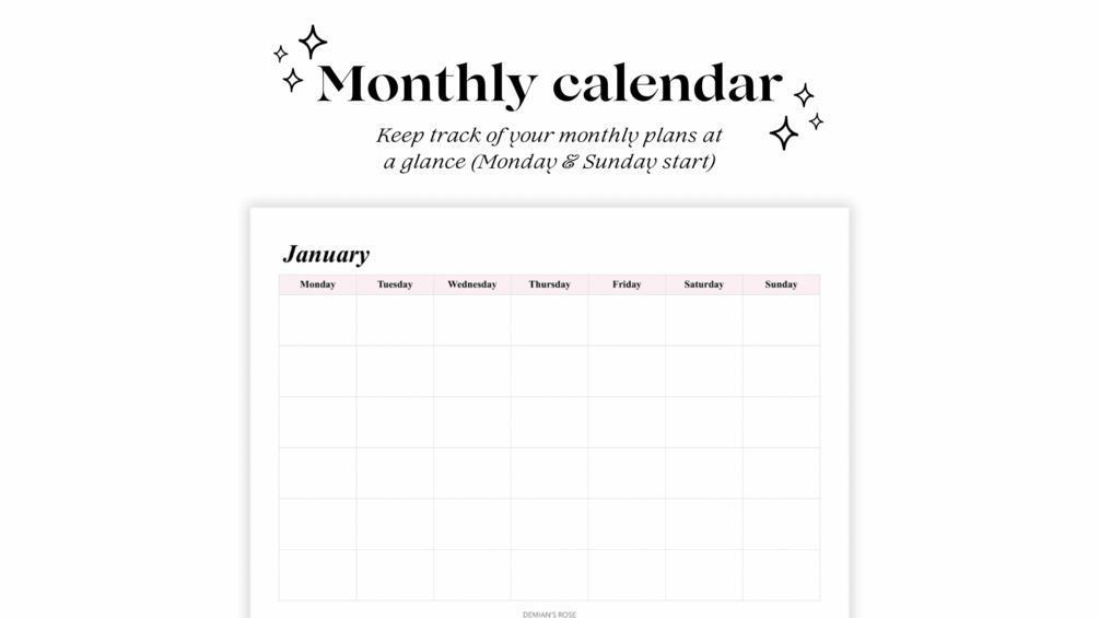 Monthly Calendar Horizontal