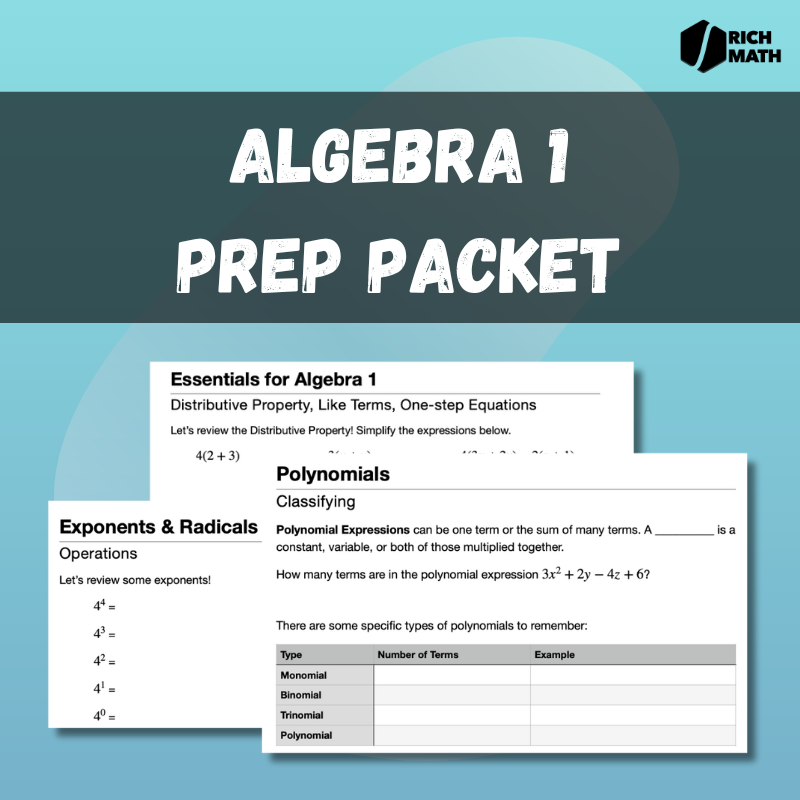 Algebra 1 Math Preparation Notes/Worksheets/Quiz: Get ready for Algebra!