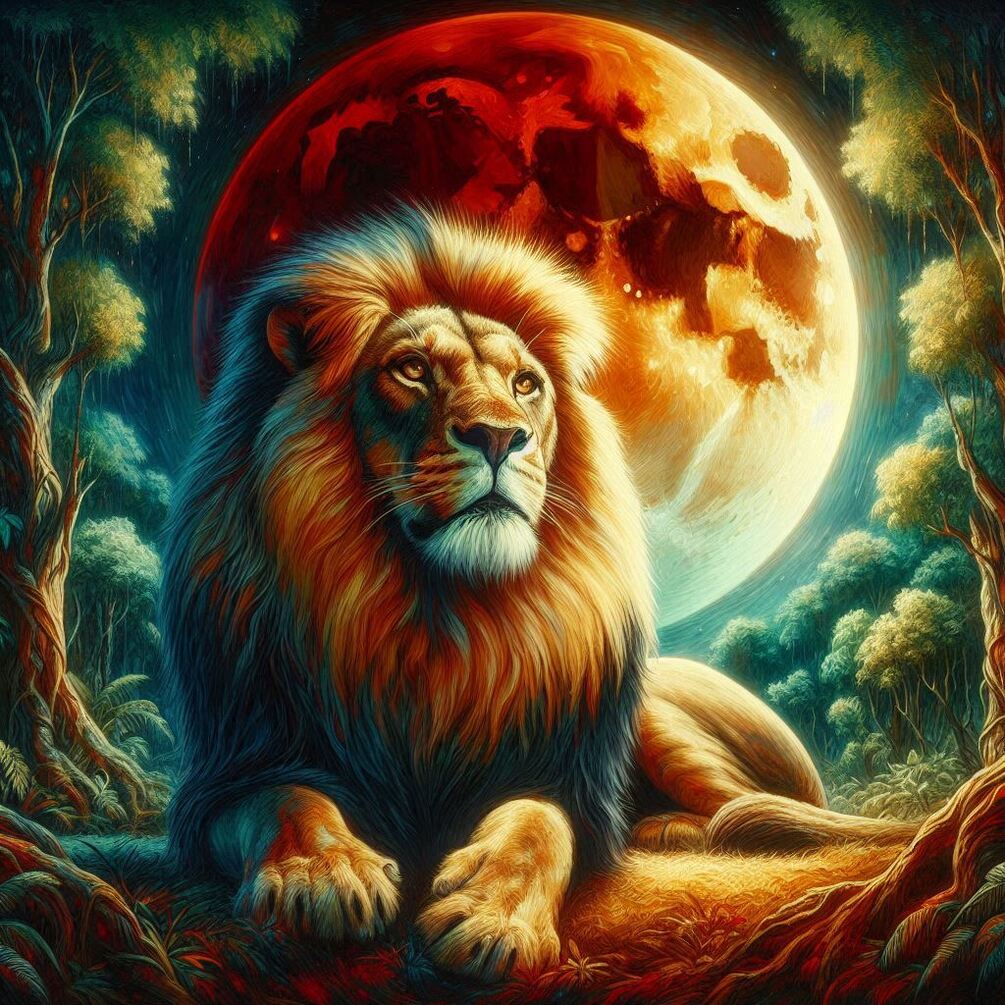 Roaring Beauty: Lion Under the BLOOD-MOON Art Paintings 🦁🌕