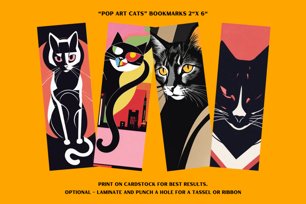 POP ART CATS - Bookmarks (Set of 4) - 2" x 6" - Instant Download