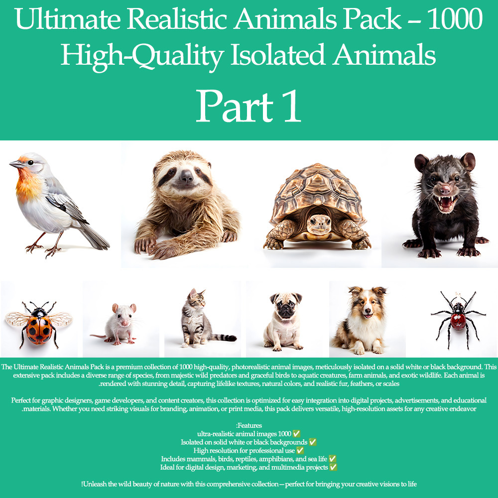 Ultimate Realistic Animals Pack Part 1 – 1000 High-Quality Isolated Animals