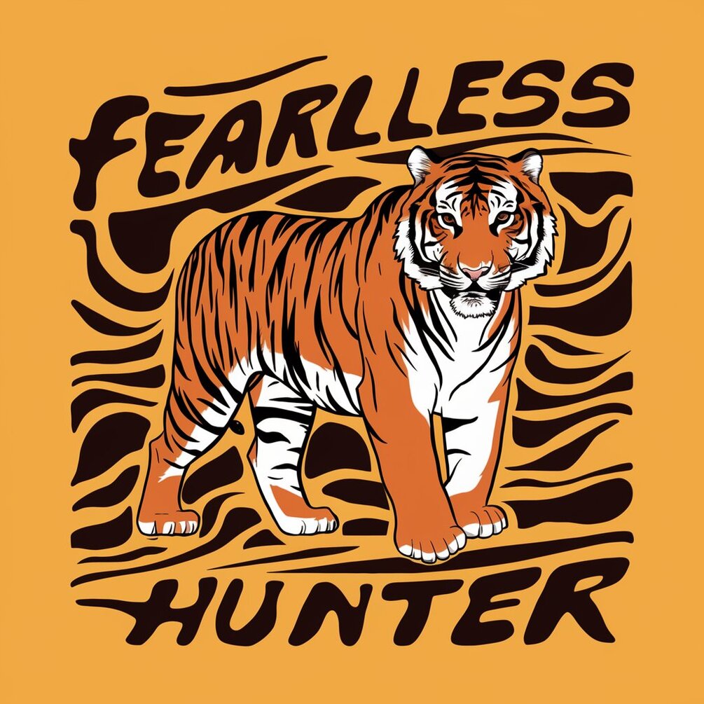 Tiger 2D flat illustration design with text saying "Fearless Hunter" in ...