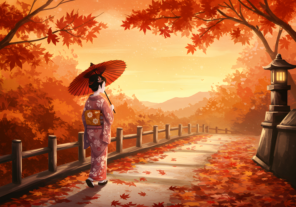 Kimono Woman in Autumn – Japanese Traditional Umbrella Art Print