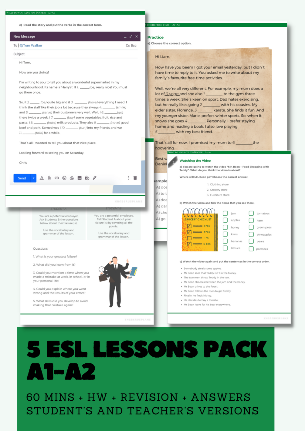 ESL Lesson Pack — 5 Topics for A1–A2 students