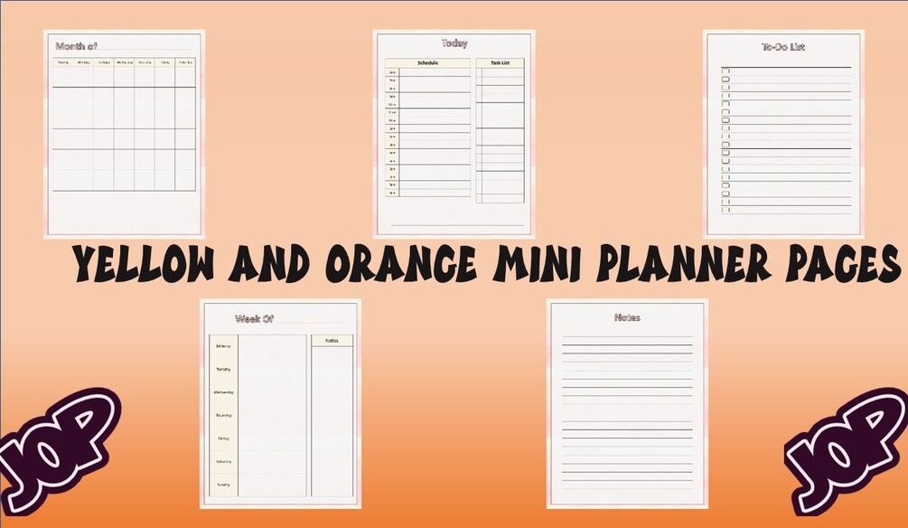 Yellow and Orange MINI PLANNER PAGES In US Letter Size (8.5 in by 11 in)