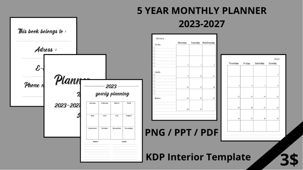 5 Year Monthly Planner 2023-2027 Clendars (8,25 X 11) Template For KDP