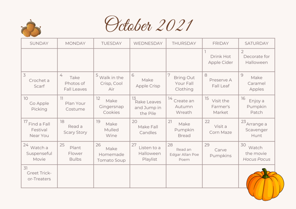 October Fall Activities Calendar