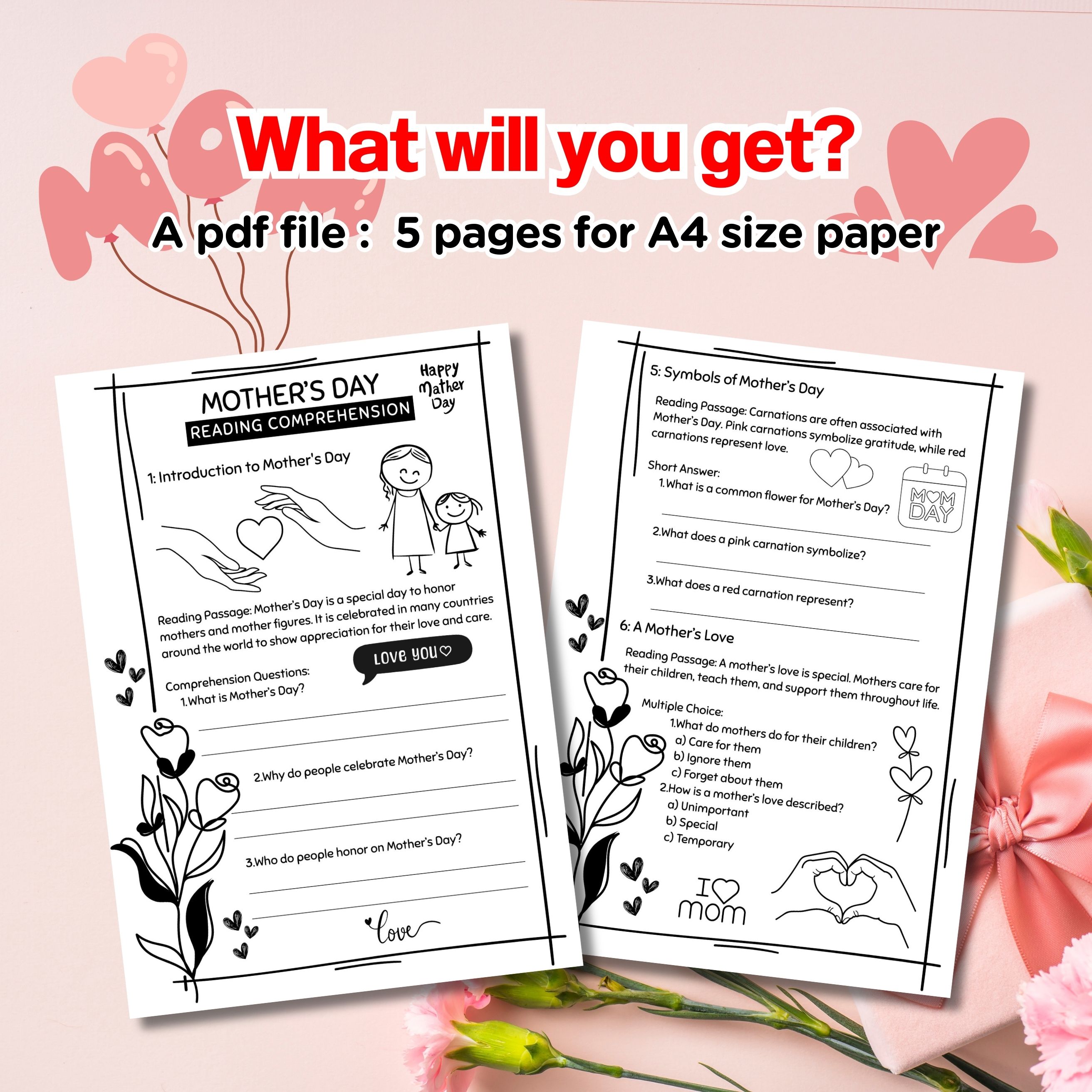 Mother's Day Reading Comprehension Worksheet for 3rd-6th Grade, Writing ...