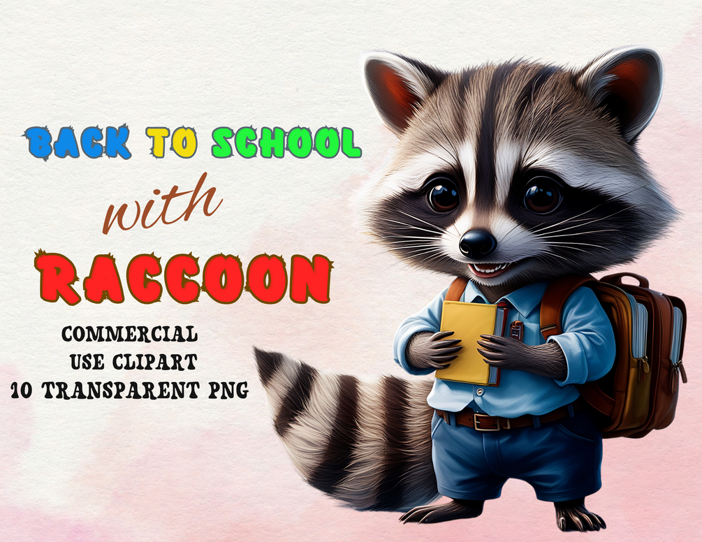 Back to School Raccoon Clipart,Cute bundel of 10 PNG- JPG