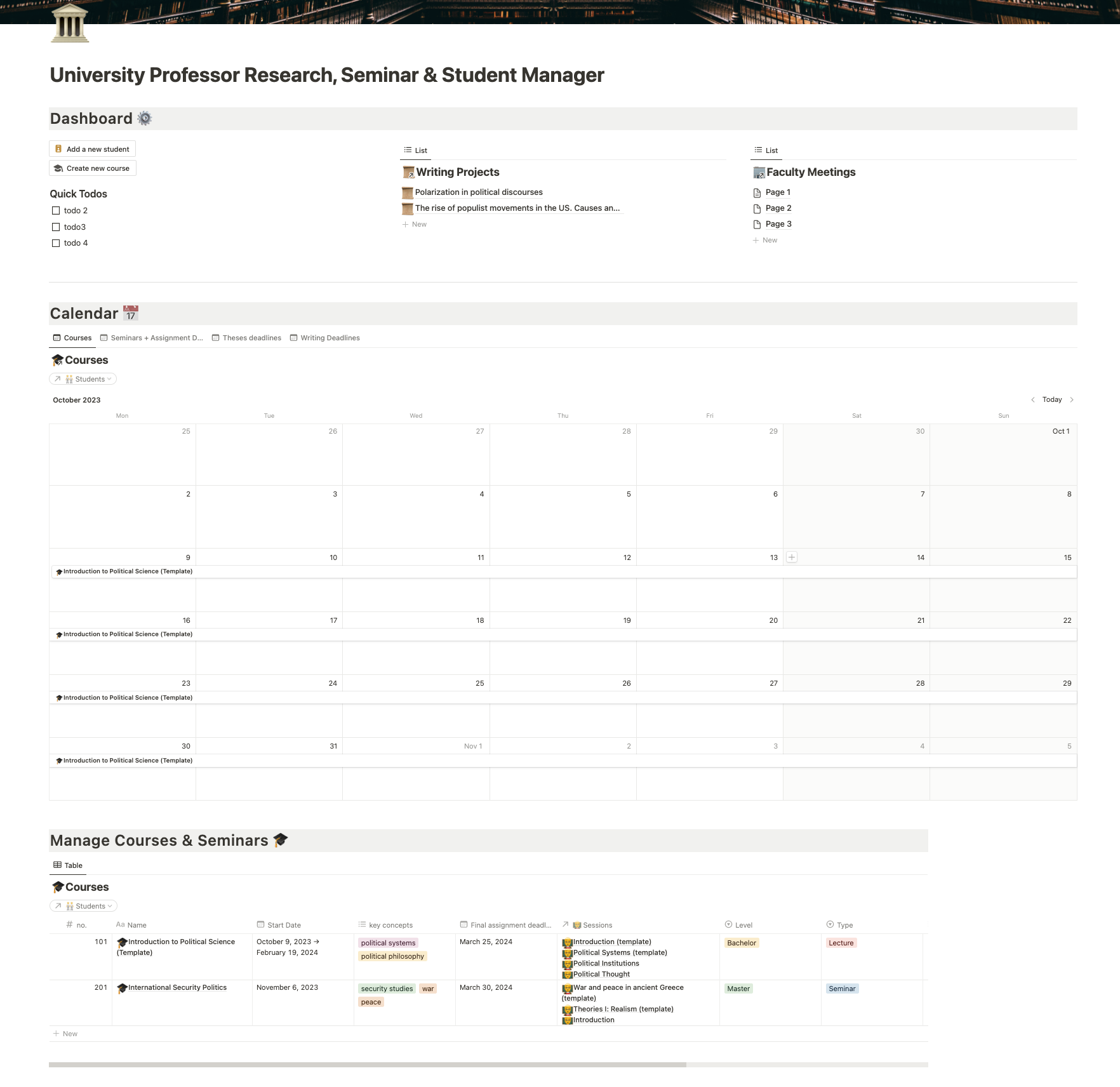 University Professor Research, Seminar & Student Manager Notion Template