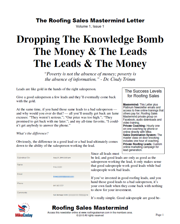 The Money & The Leads: The Roofing Salesman Mastermind Letter