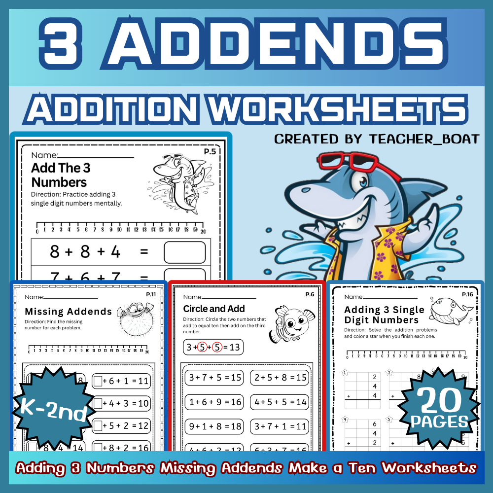 Adding 3 Numbers | Missing Addends | Make a Ten Worksheets | Ocean Theme