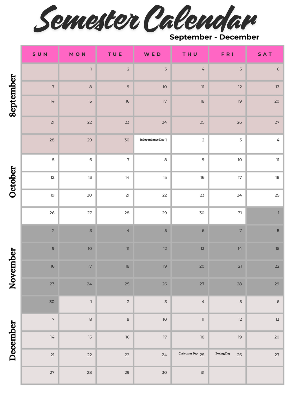 September to December Semester Planner Calendar | Academic Monthly ...