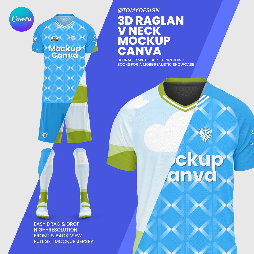3D SOCCER JERSEY MOCKUP RAGLAN V NECK (FULL KIT)