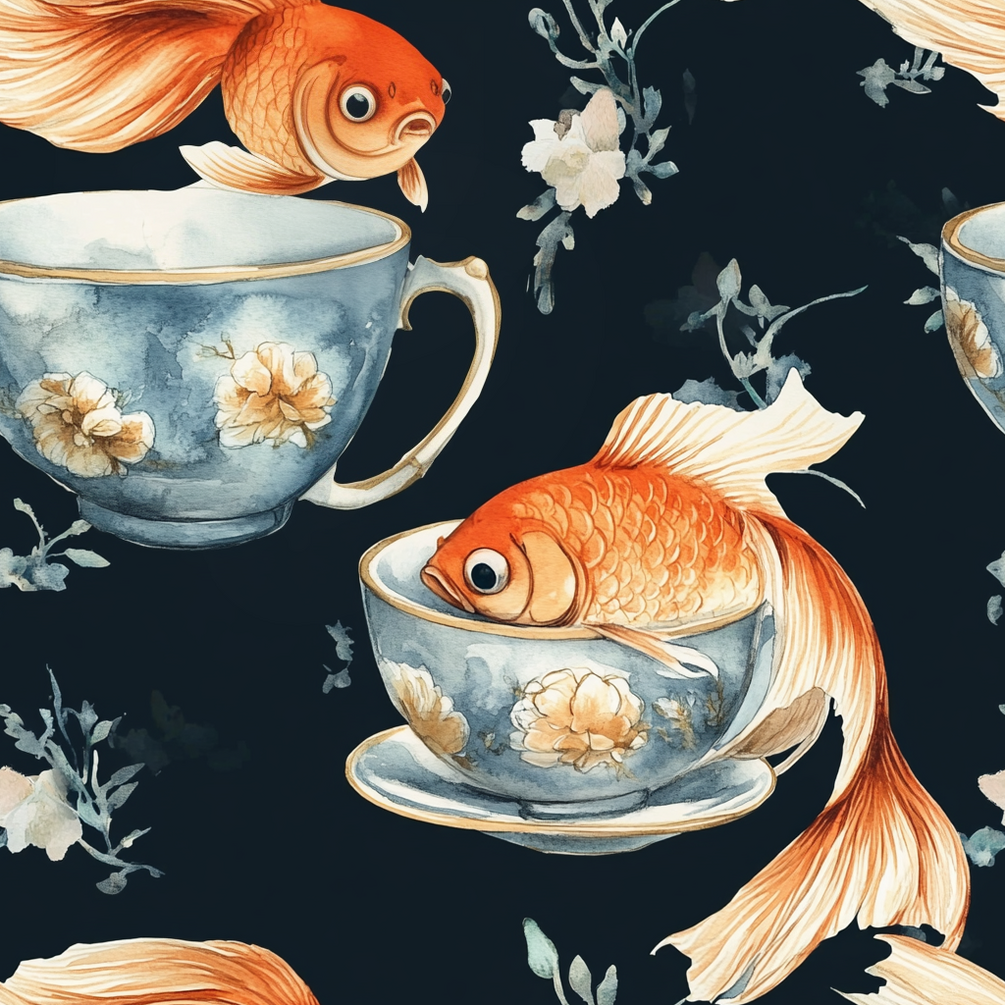 Quirky Repeating Vintage Animal Patterns - Goldfish & Teacup