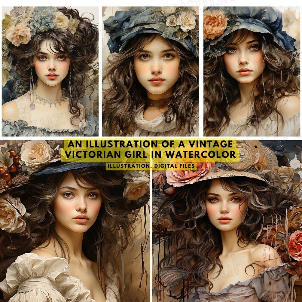 An illustration of A Vintage Victorian Girl In Watercolor. Digital ...
