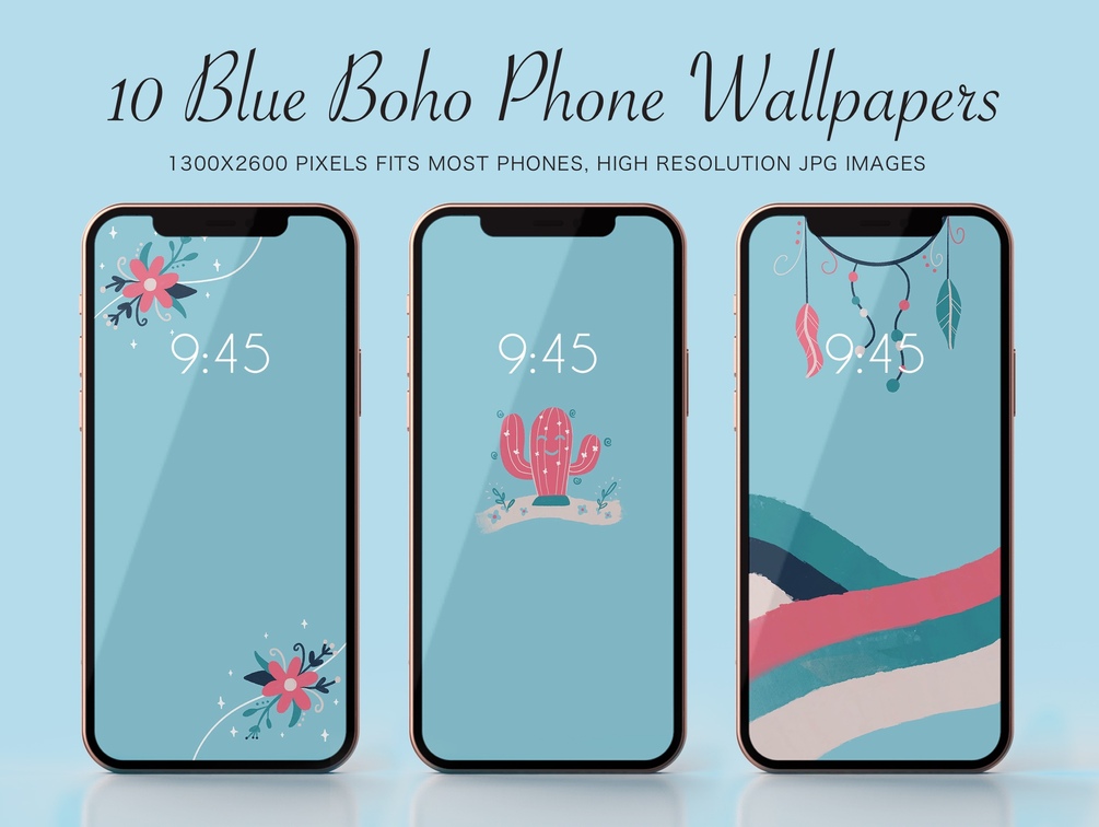 10 Blue Boho Phone Wallpapers, Iphone and Android Phones, Blue and Pink ...