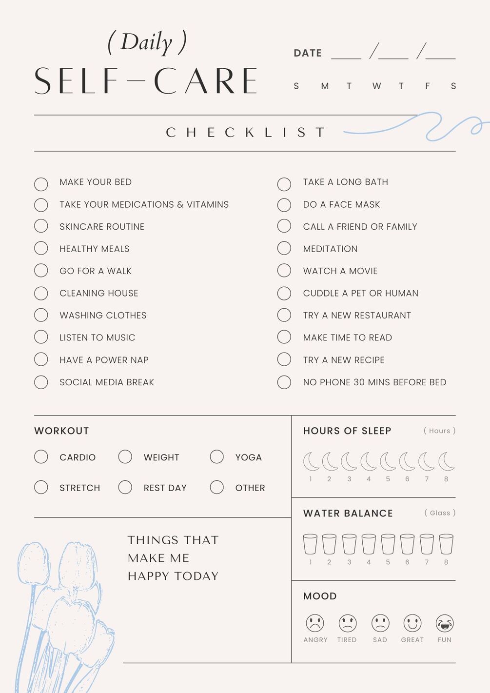 printable self care checkout