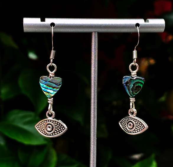 Abalone Heart & Evil Eye Drop Earrings – Symbolic Elegance & Protection