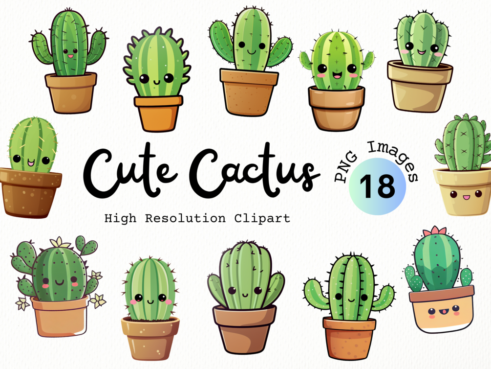 Cute Kawaii Cactus Clipart Bundle - PNG format with transparent ...