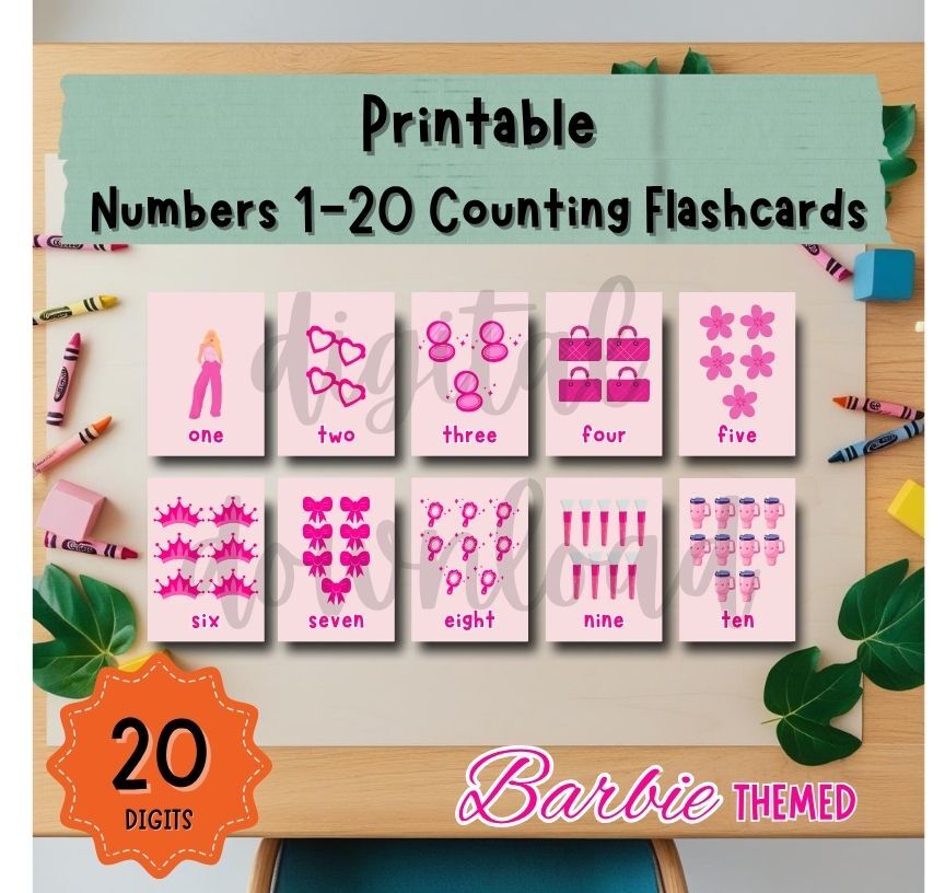 Printable Barbie-Themed Counting Flashcards for Kids – Numbers 1–20 ...