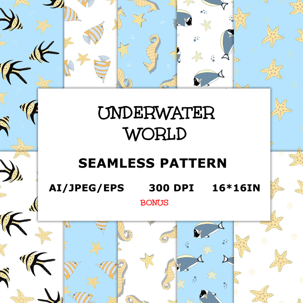 Hand Drawn Seamless Patterns With Fishes, Starfish and Seahorse ...