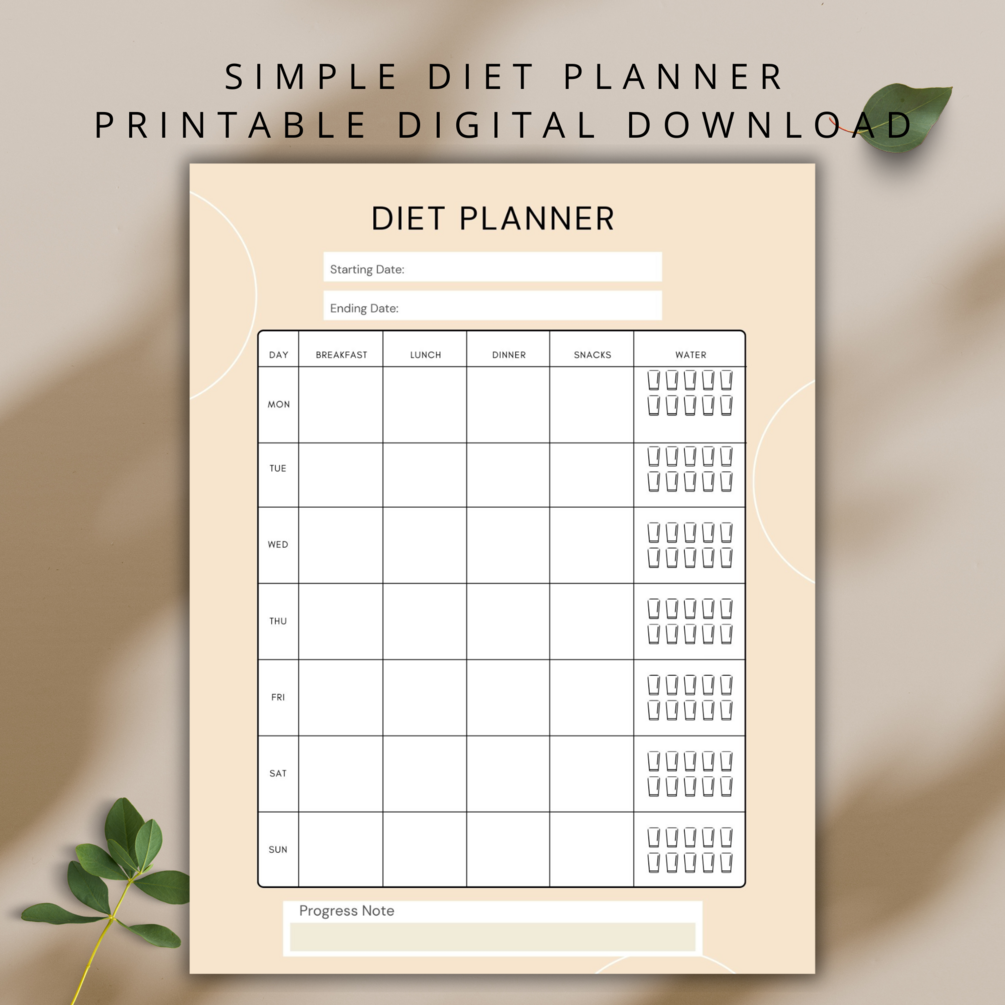Simple Diet Planner Printable, Weekly Meal Tracker Printable, Simple ...