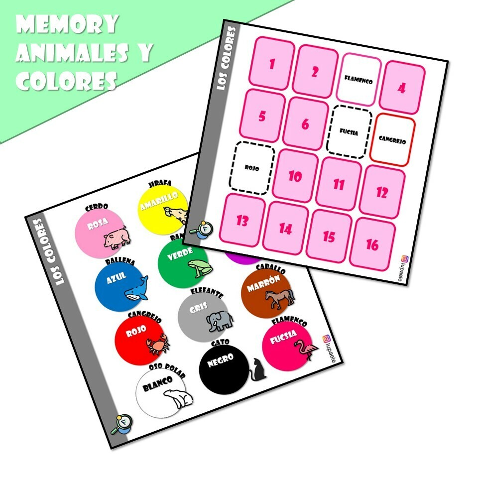 INFOGRAFÍA+JUEGO MEMORY. Colores, animales y nº 1-16 (Vocabulario+gamificación)
