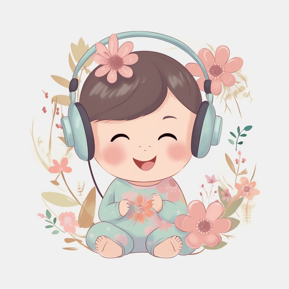 Baby listening to music flowers art PNG watercolor