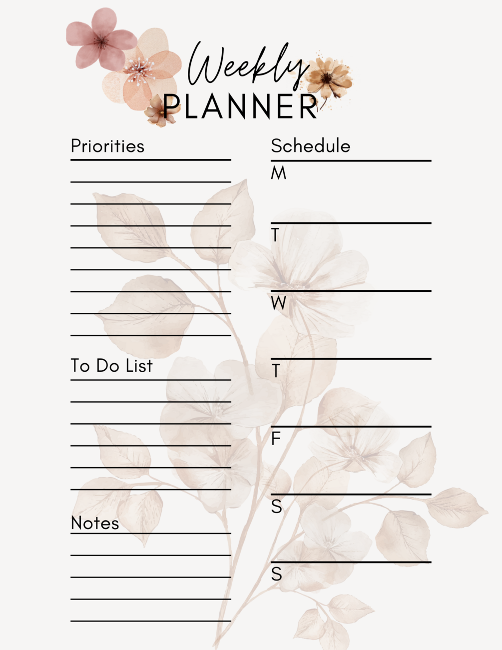 Minimalist Weekly Planner (8.5 x11 transparent BG & with BG)