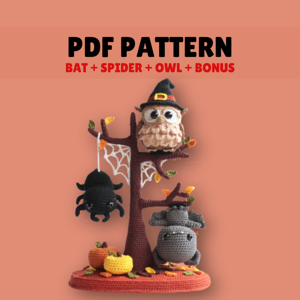 Halloween Tree Set Amigurumi Pattern - Owl + Bat + Spider + BONUS