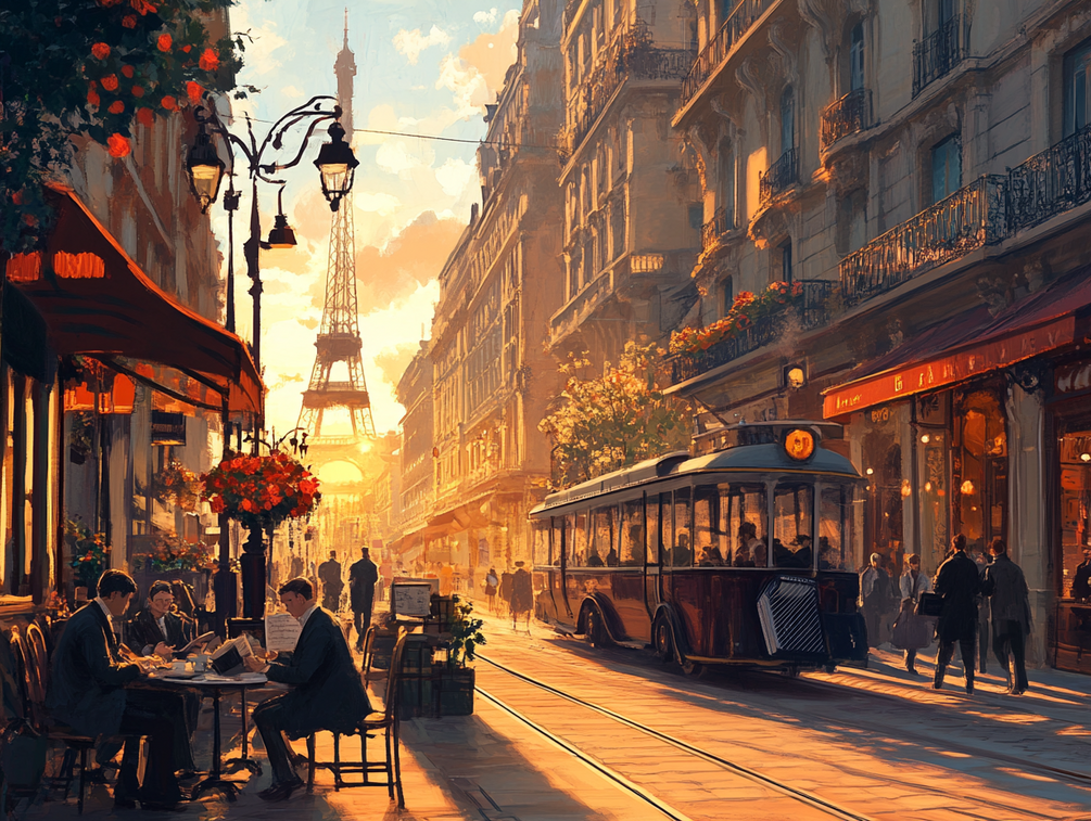 Vintage Paris Street Scene Printable Wall Art, Eiffel Tower Tram Cafe ...