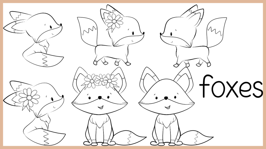 Line Art Clipart. Foxes, mushrooms, acorns, pumpkins, and cute faces