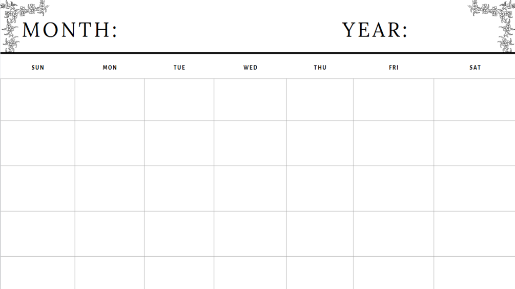 Black and White Monthly Calendar