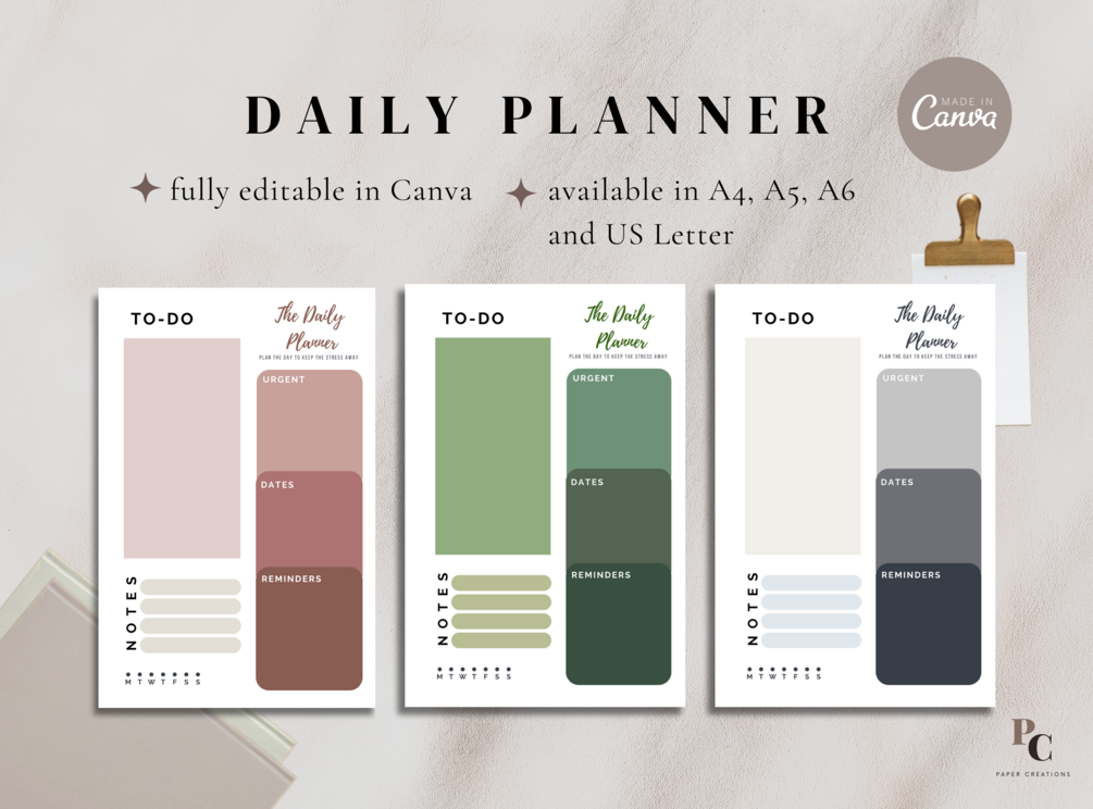 Canva Daily Planner Template - A4, A5, A6, US Letter